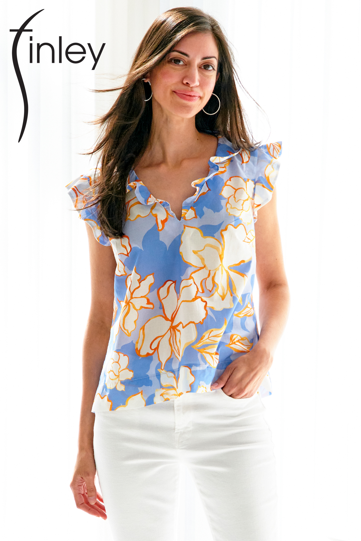 Finley Ava Top White Lotus Print-Size S only | Everard's Clothing